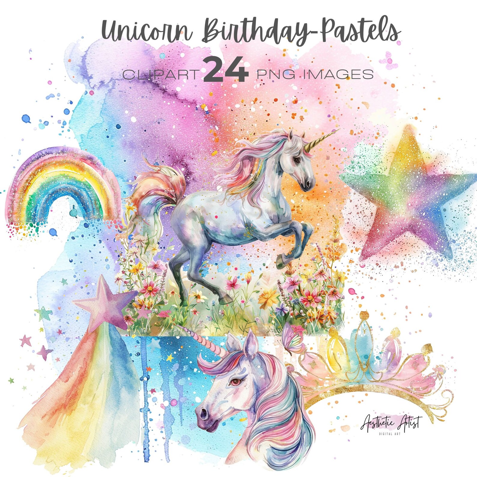 Pastel Rainbow Unicorn Birthday Clipart, Watercolor Clipart, Princess ...