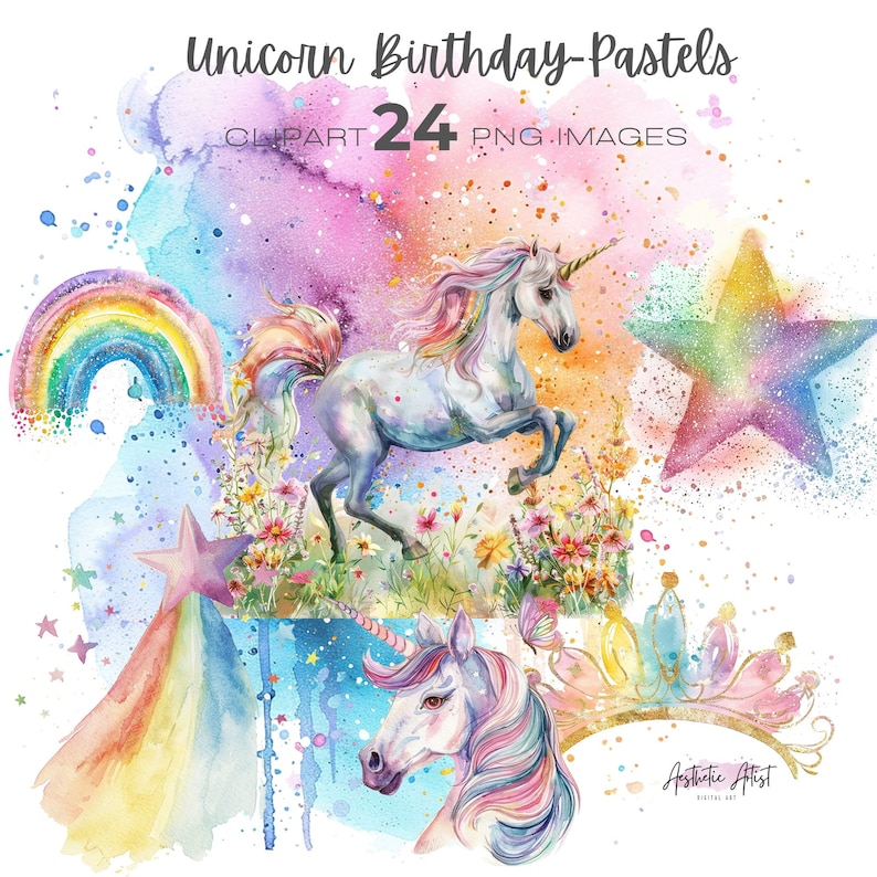 Pastel Rainbow Unicorn Birthday Clipart, Watercolor Clipart, Princess ...