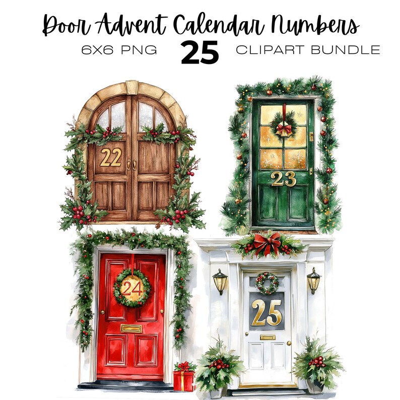 Watercolour Door Advent Calendar Numbers Bundle, Christmas Doors ...