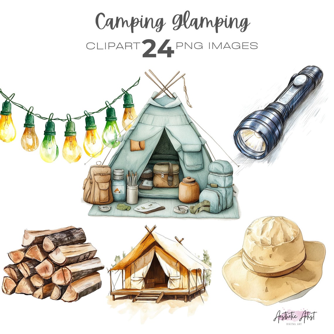 Watercolour Camping Clipart Bundle, Glamping, Camper RV Clipart, Tent ...
