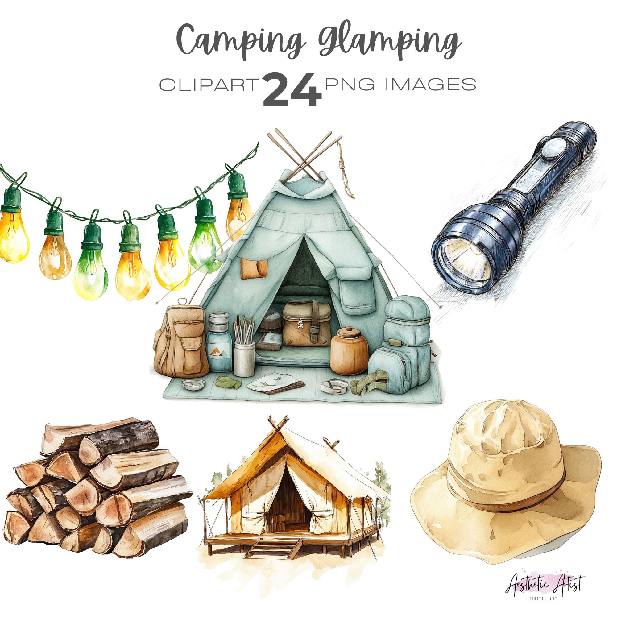 Watercolour Camping Clipart Bundle, Glamping, Camper RV Clipart, Tent ...