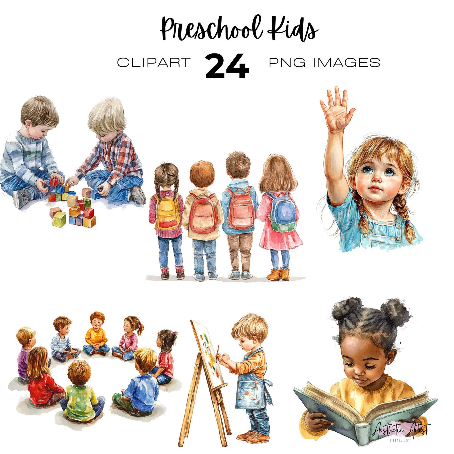 Watercolour Preschool Kids Clipart Bundle, Cute Kids, School Kids ...