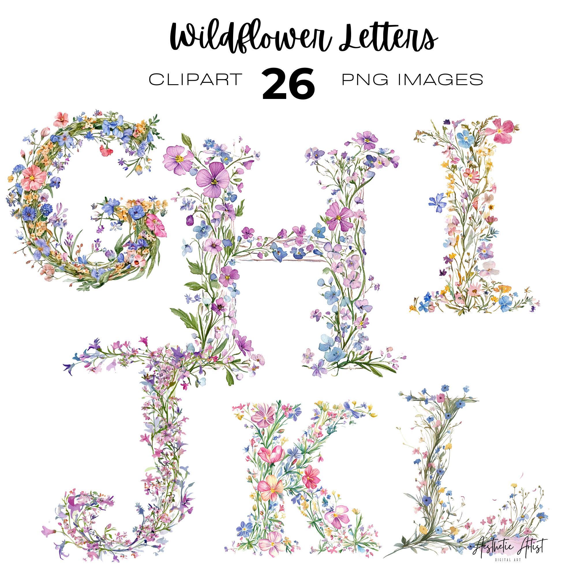 Wildflower Letters Clipart, Watercolor Flower Alphabet, Flower Letters ...