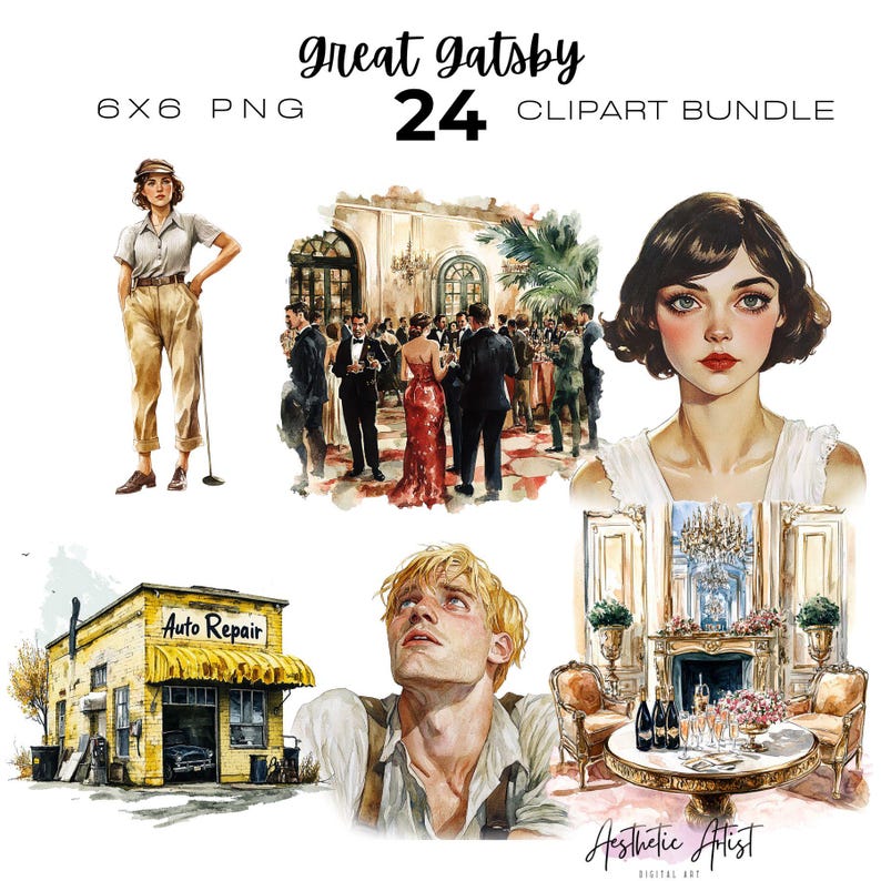 Watercolor the Great Gatsby Clipart, 1920s Classic Story, Daisy, Jay ...