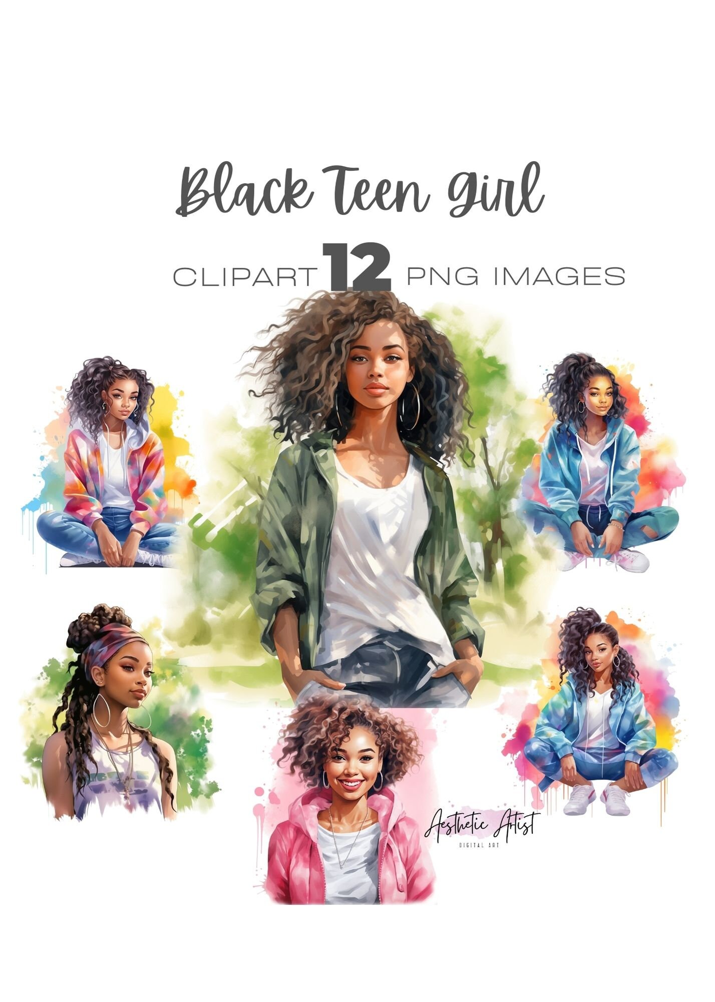 Black Teen Girl Clipart, African American Png, Curly Hair Clip Art, 90s ...