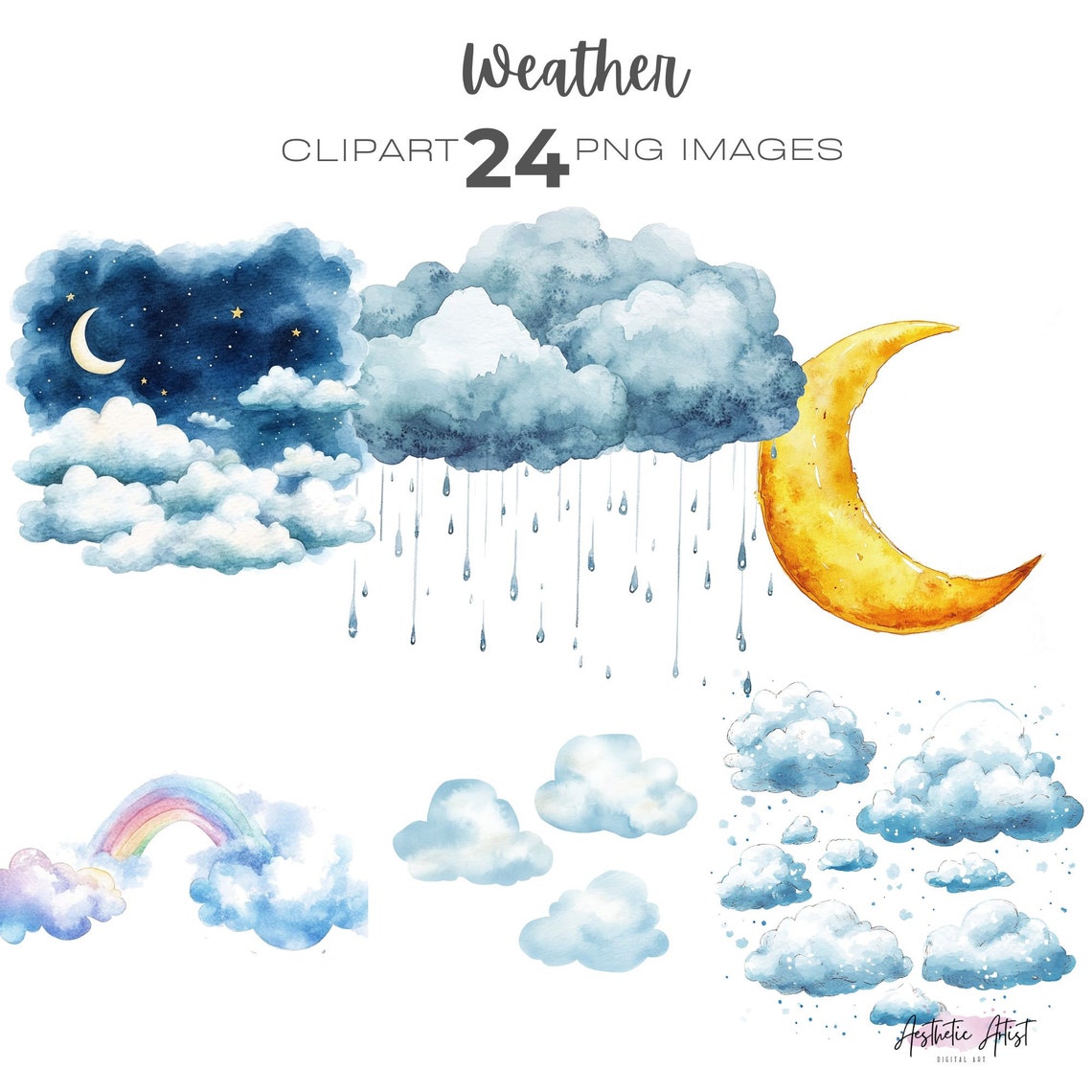 Watercolour Weather Clipart Bundle, Weatherman Symbols, Rainy Day ...