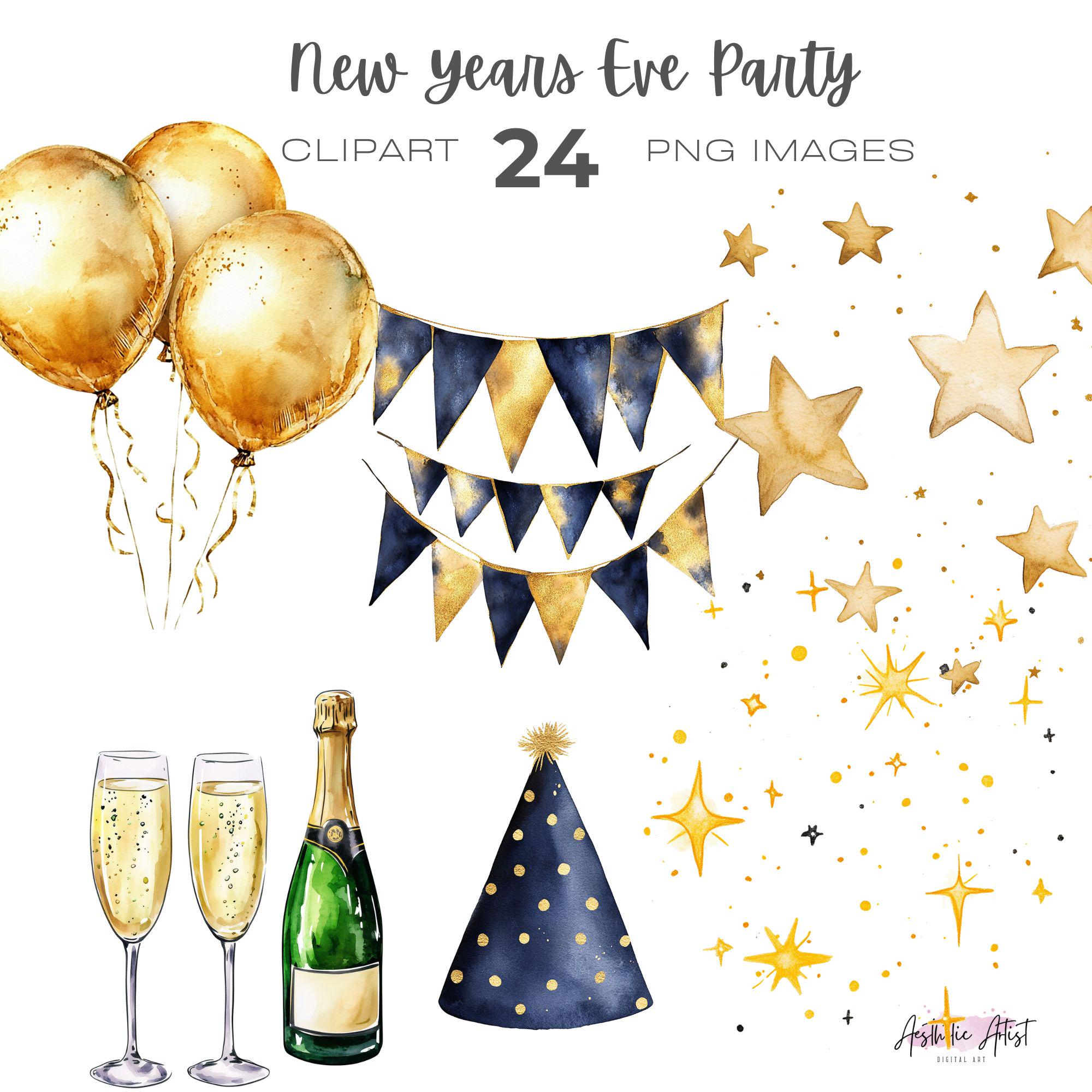 New Years Eve Clipart, Black and Gold Party Clipart, Happy New Year ...