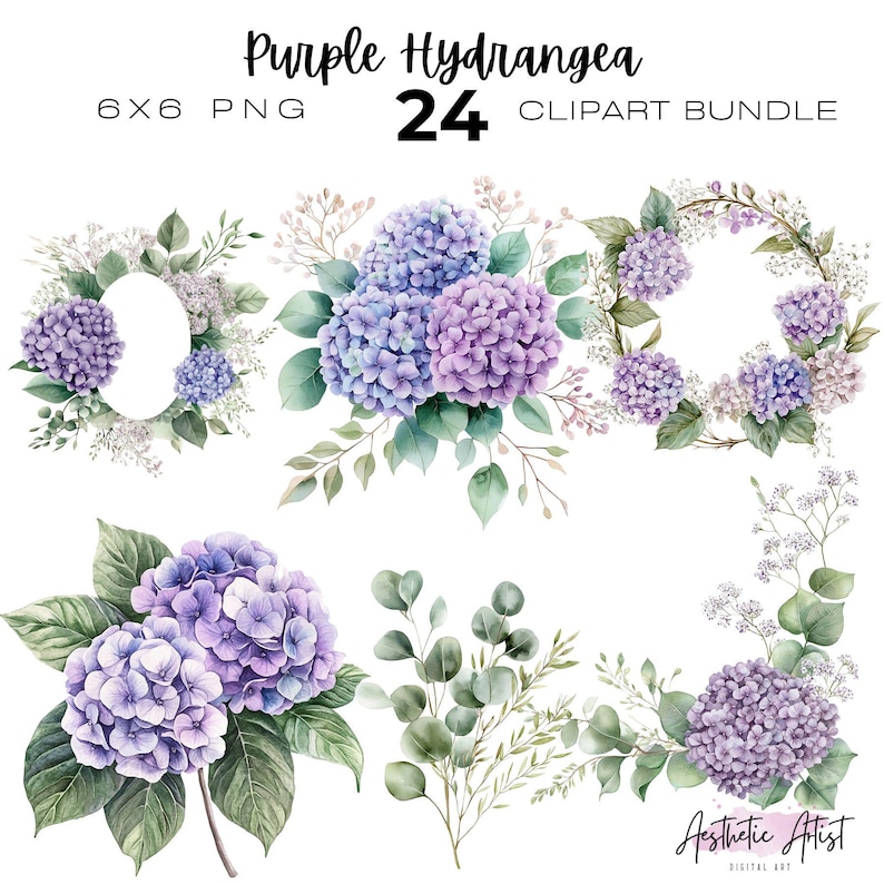 Watercolour Purple Hydrangea Clipart Bundle, Wedding, Boho Floral ...