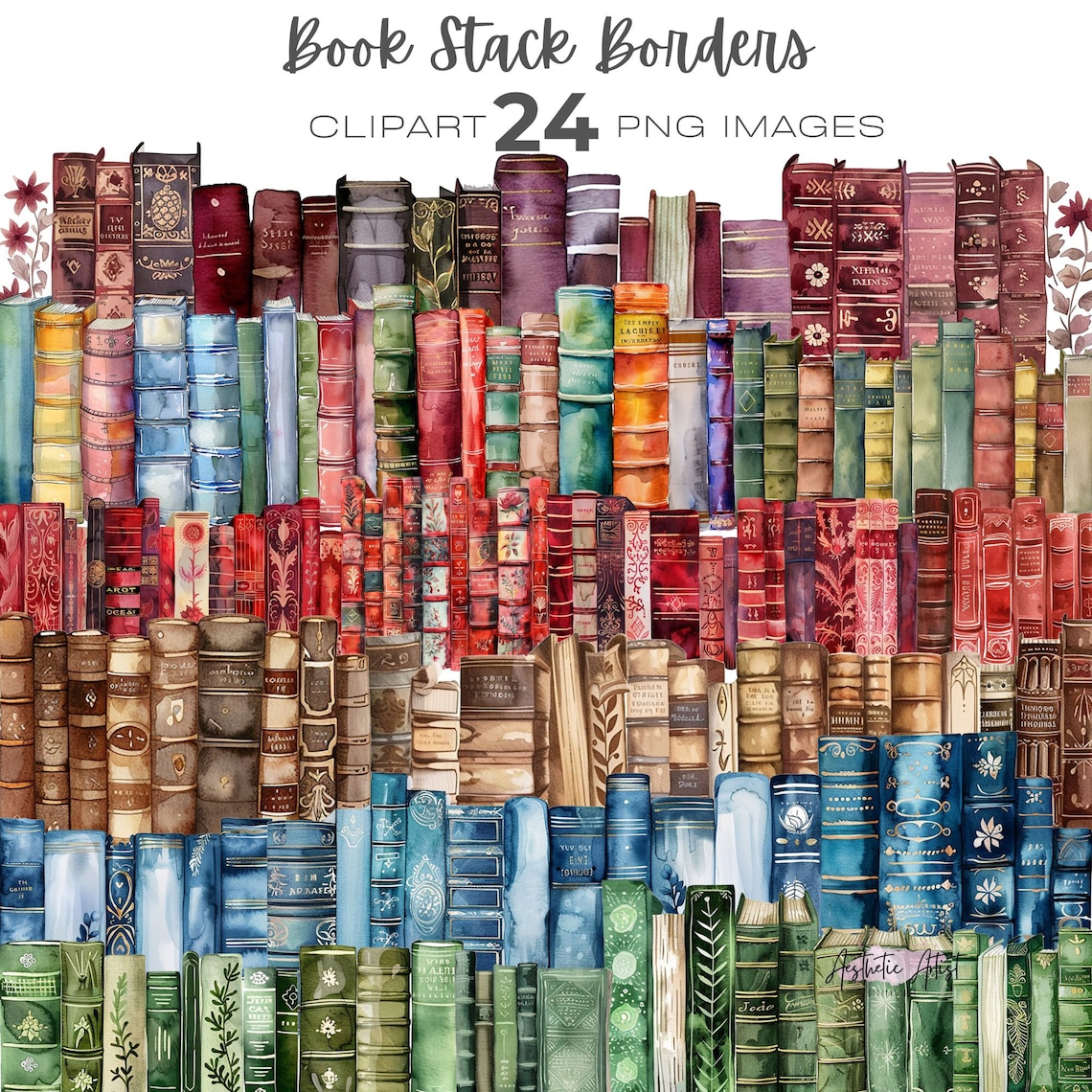 Watercolour Stack of Books Clipart Bundle, Library, Book Stack Border ...
