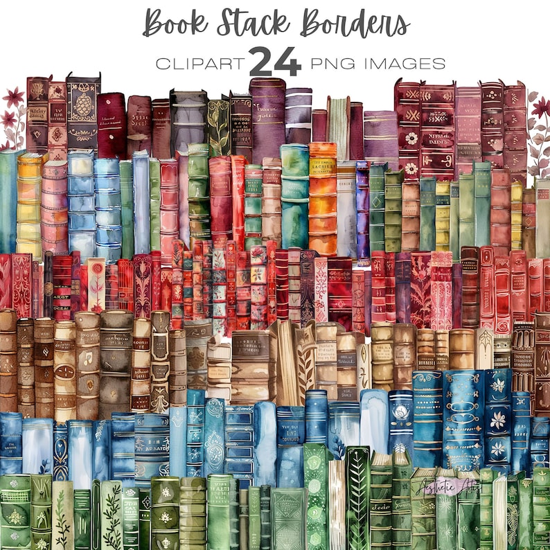 Watercolour Stack of Books Clipart Bundle, Library, Book Stack Border ...