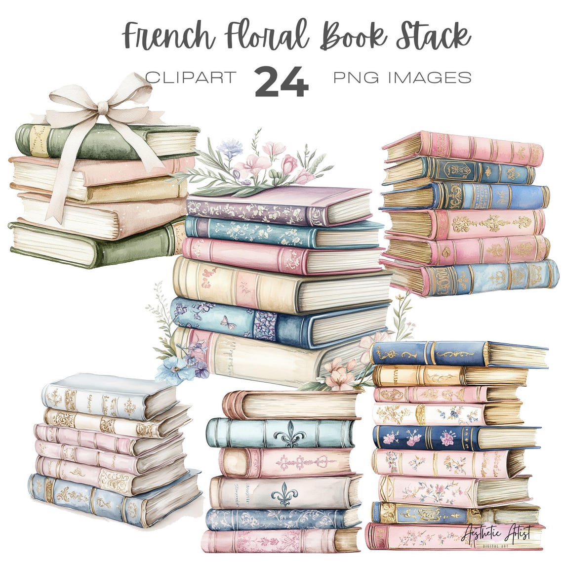 Watercolour French Floral Stack of Books Clipart Bundle, Library, Book ...