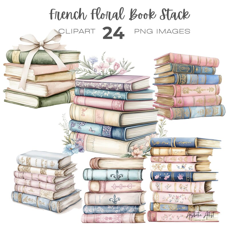 Watercolour French Floral Stack of Books Clipart Bundle, Library, Book Stack Floral Clipart ...