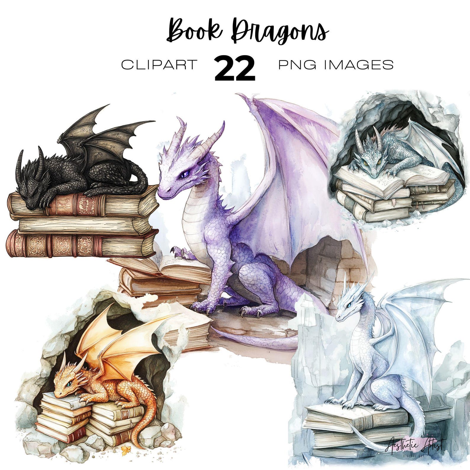 Watercolour Book Dragons Clipart Bundle, Library, Book Stack Floral ...