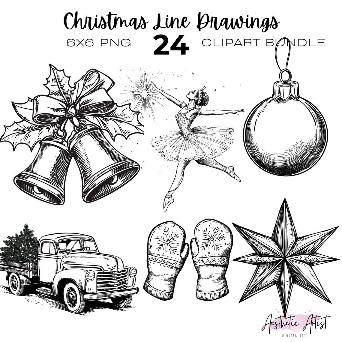 Christmas Line Drawings Clipart, Xmas Png, Holiday Black and White ...