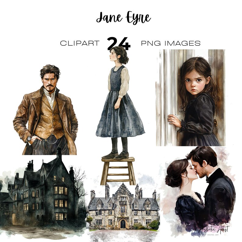 Watercolor Jane Eyre Clipart, Classic Story, Thornfield Hall, Mr ...