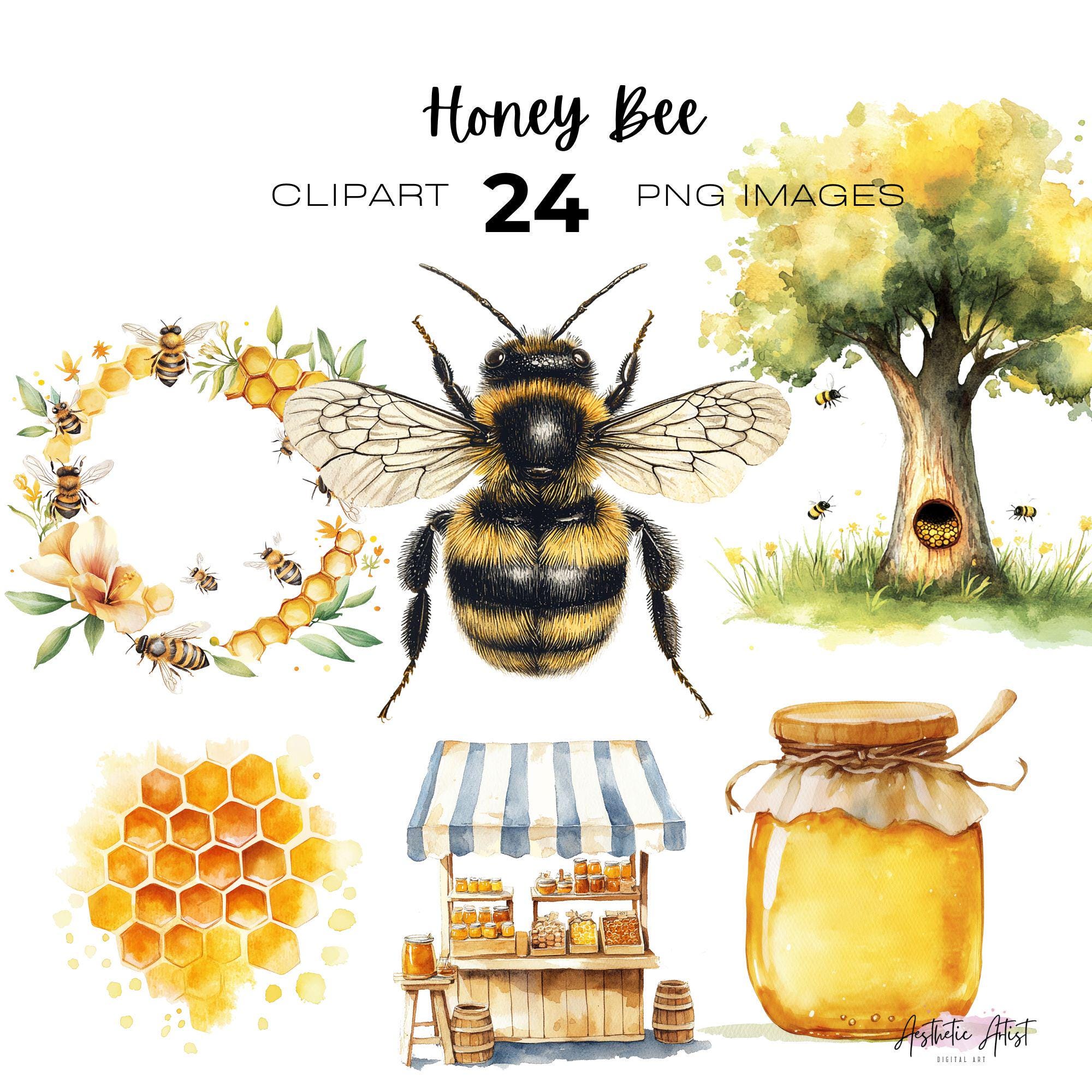 Watercolour Honey Bee Clipart Bundle, Summer, Honeycomb Clipart ...