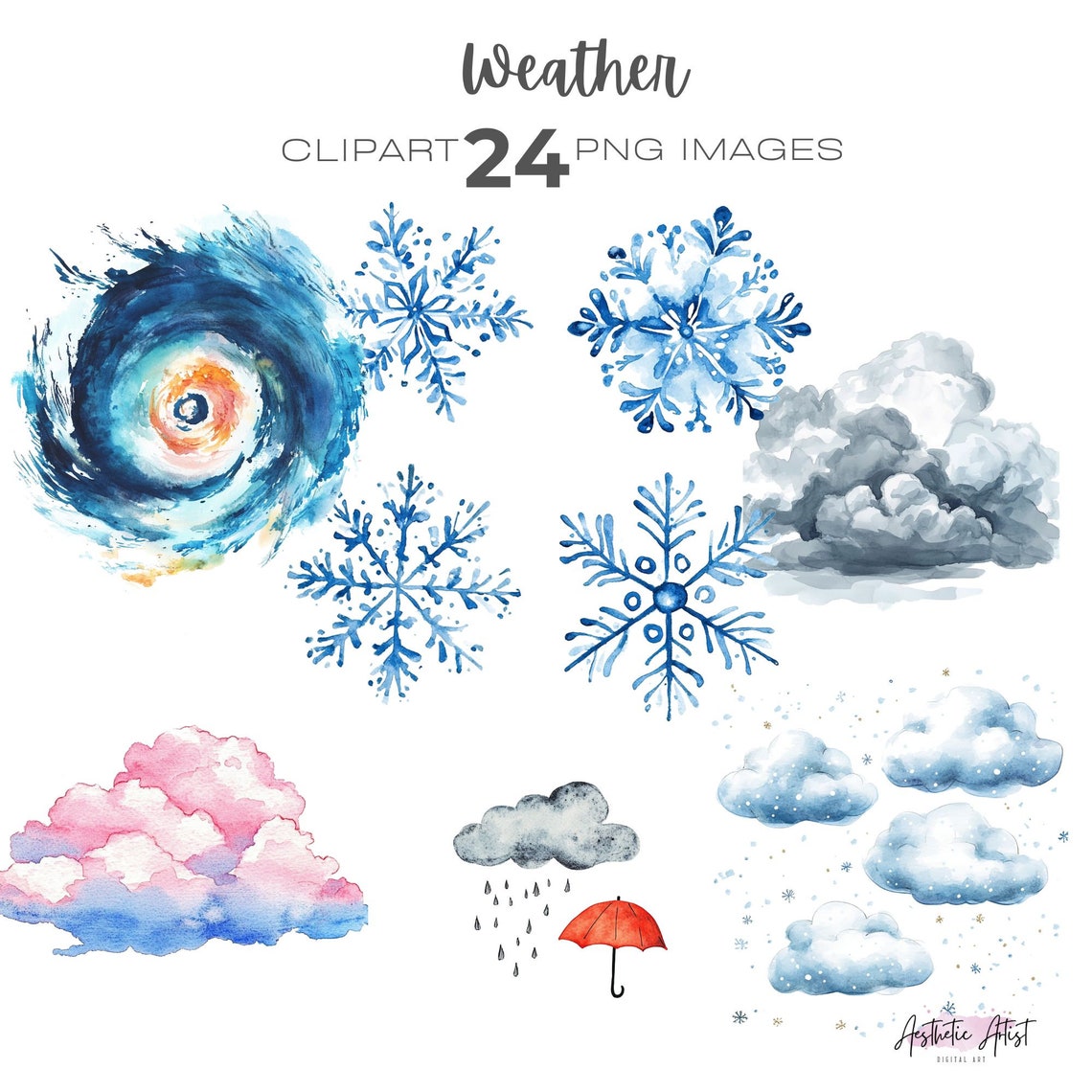 Watercolour Weather Clipart Bundle, Weatherman Symbols, Rainy Day ...