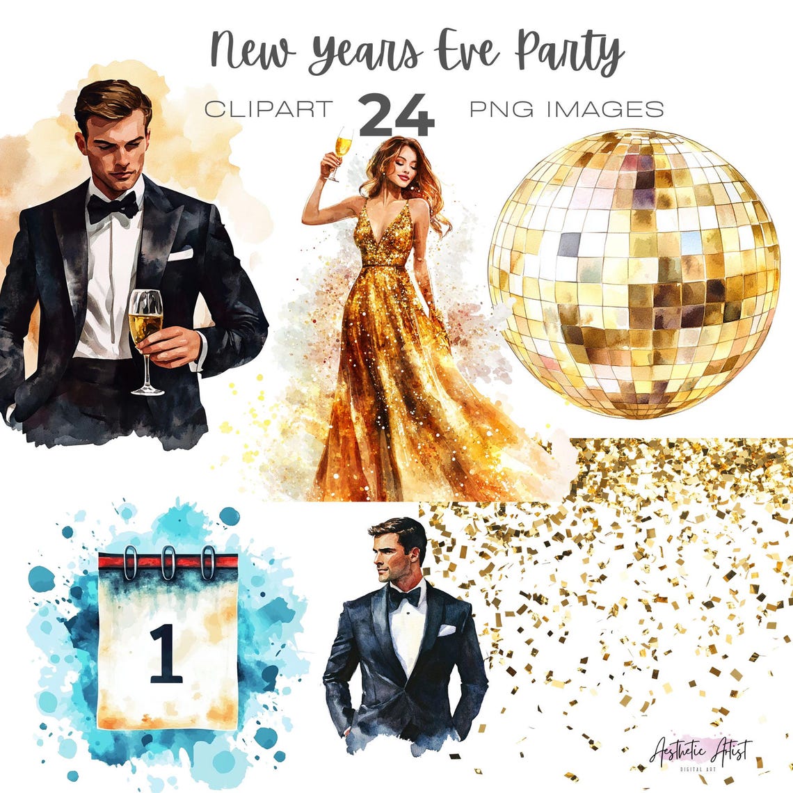 New Years Eve Clipart, Black and Gold Party Clipart, Happy New Year ...
