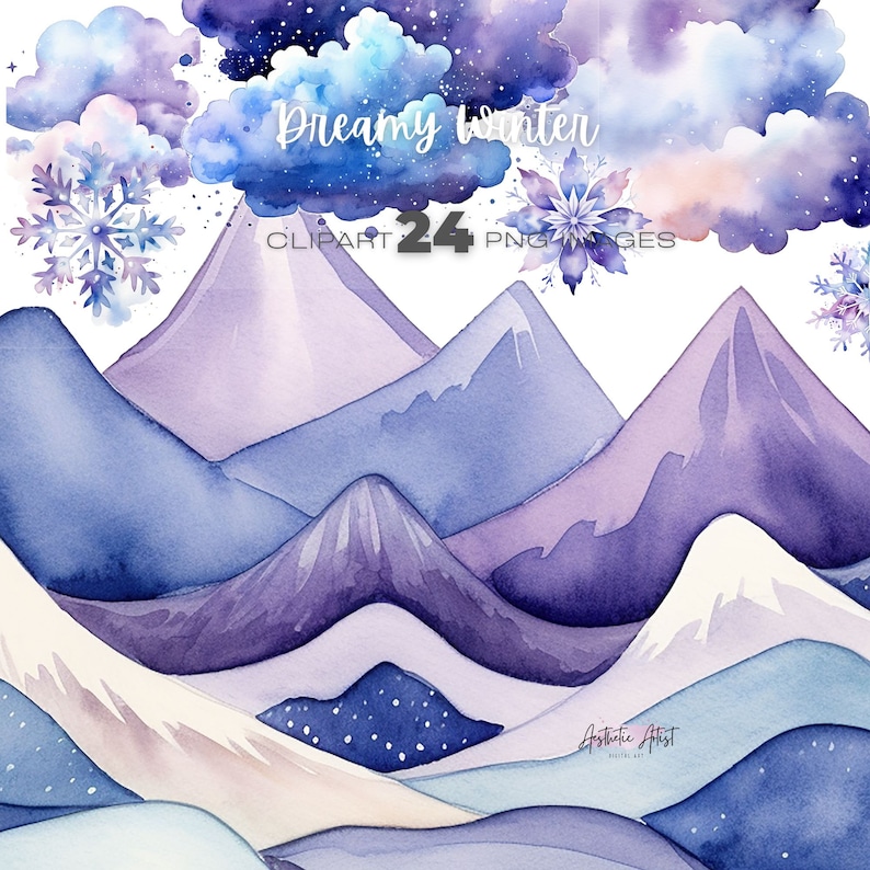 Watercolor Dreamy Winter Clipart, Snowy Hills Clipart, Winter ...