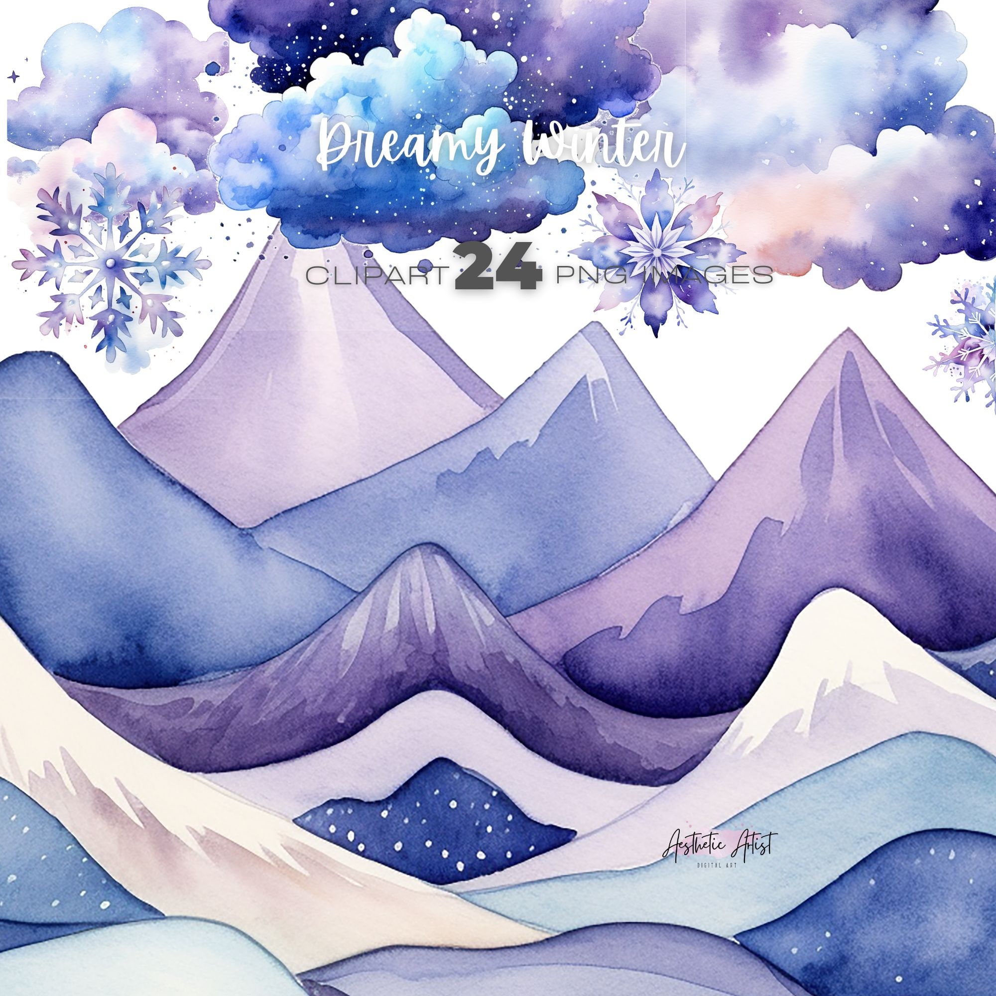 Watercolor Dreamy Winter Clipart, Snowy Hills Clipart, Winter ...