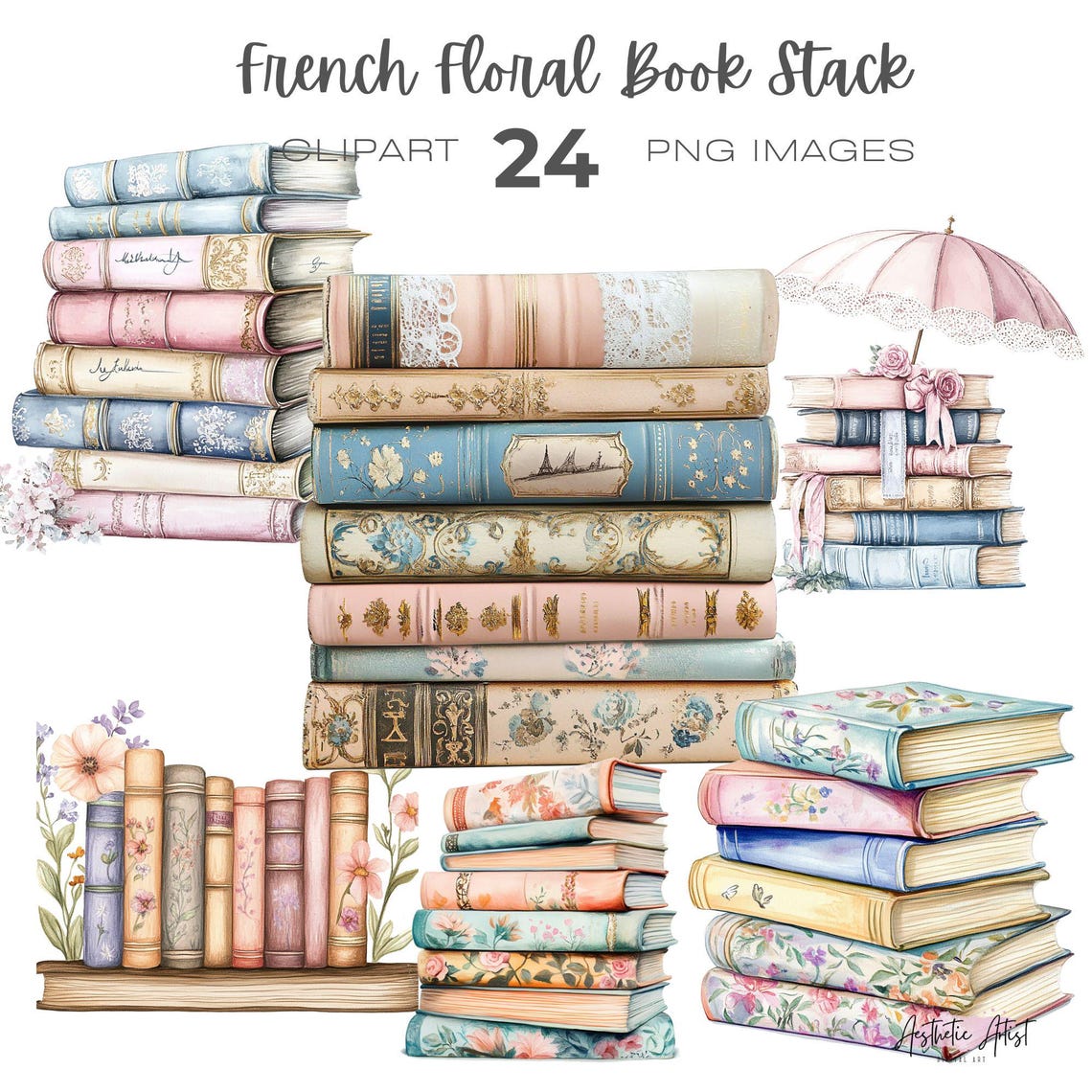 Watercolour French Floral Stack of Books Clipart Bundle, Library, Book ...