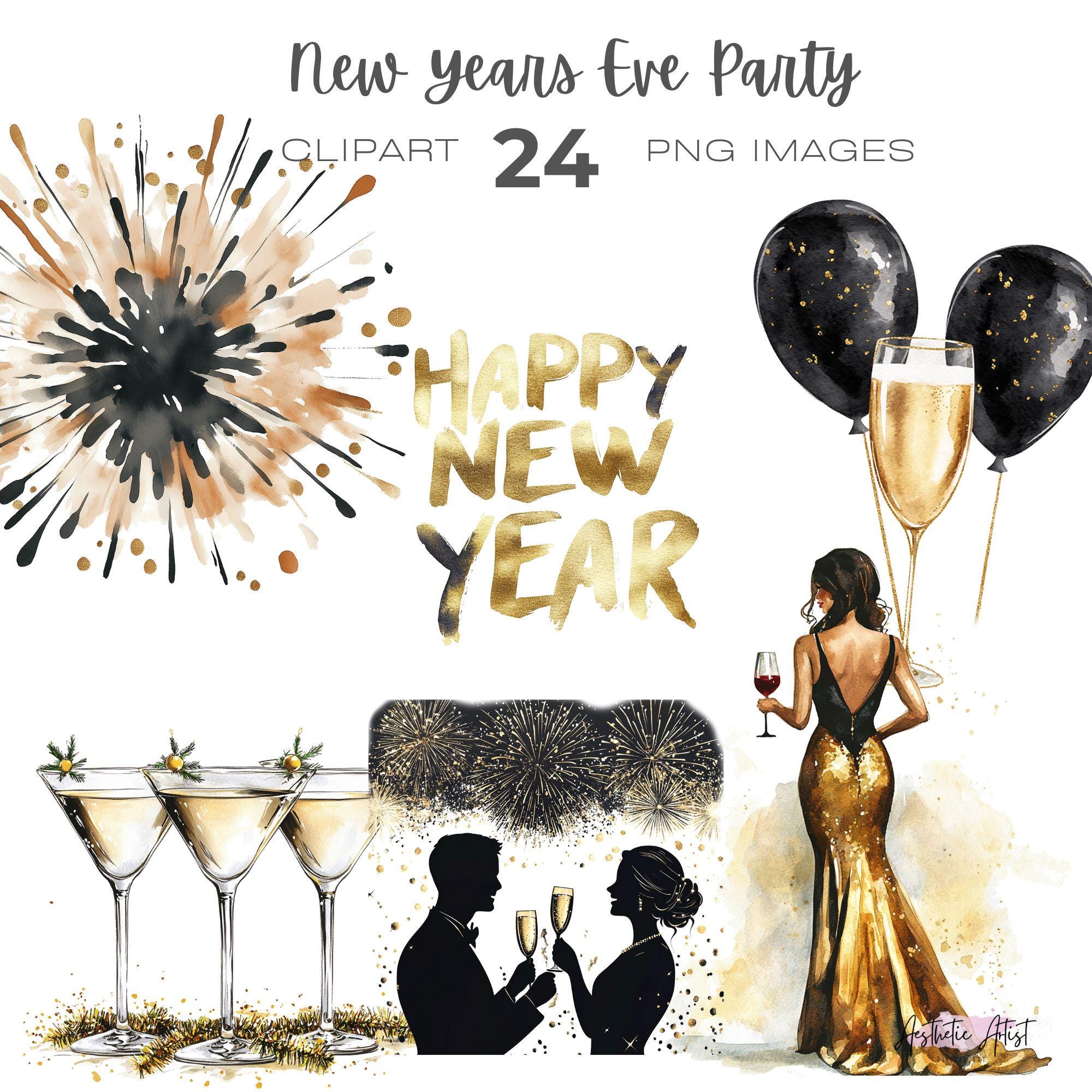 New Years Eve Clipart, Black and Gold Party Clipart, Happy New Year ...