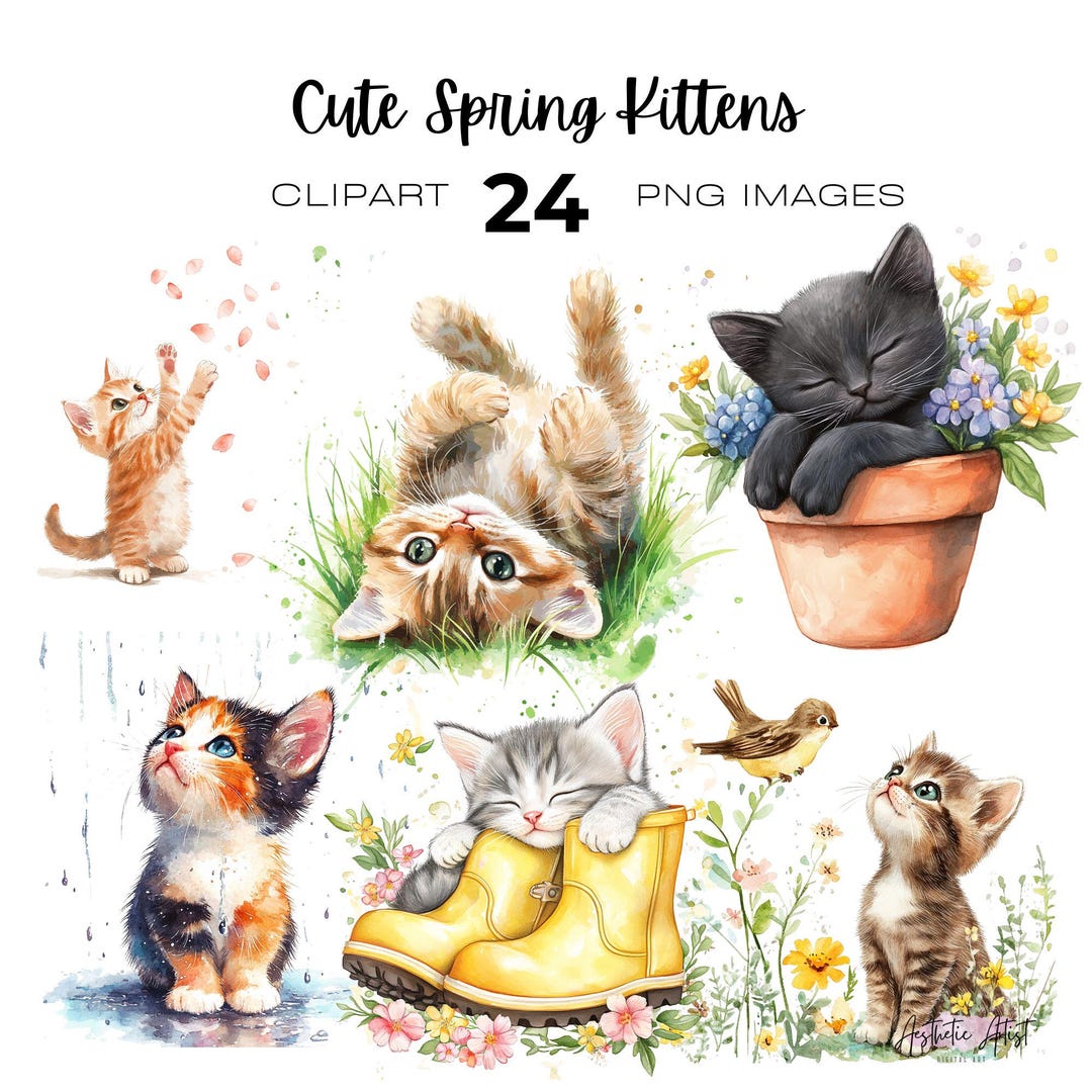 Watercolour Cute Spring Kittens Clipart, Graphics for Kitten Lovers ...