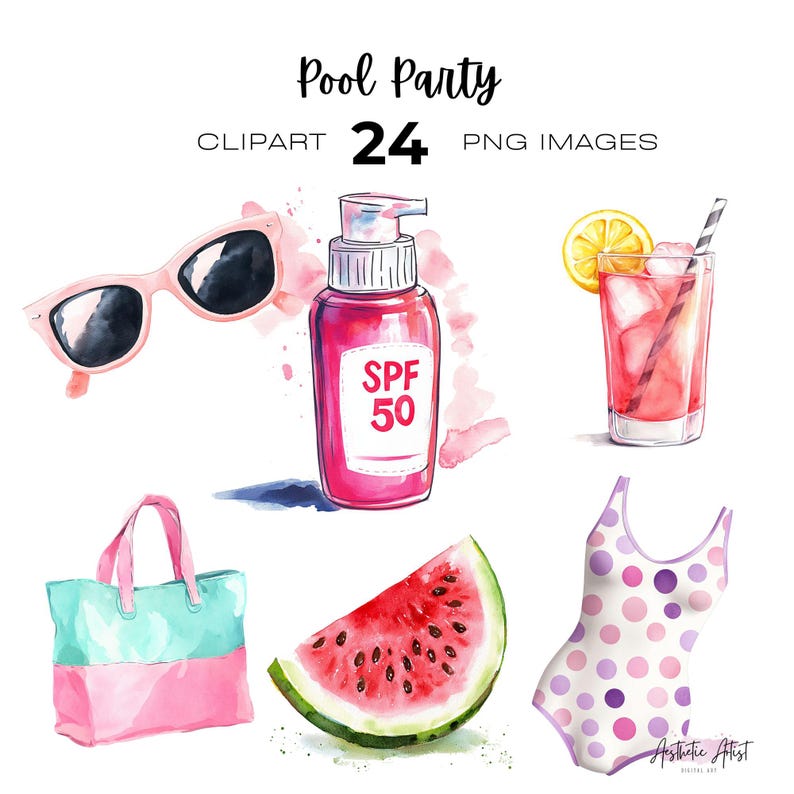 Watercolour Pool Party Clipart Bundle, Swimming, Summer Fun Clipart ...