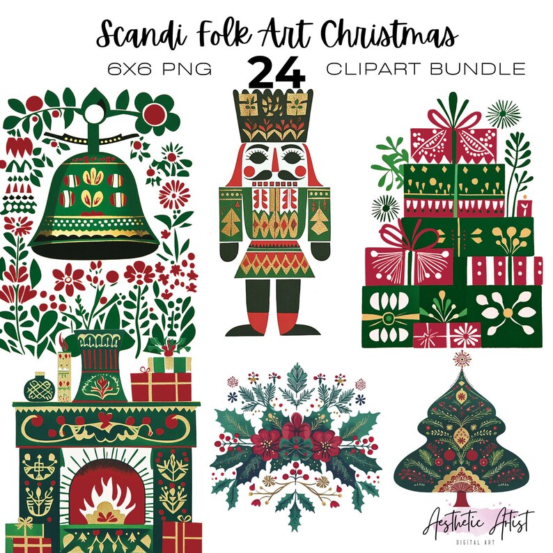 Watercolour Scandi Folk Art Christmas Clipart Bundle, Hygge ...