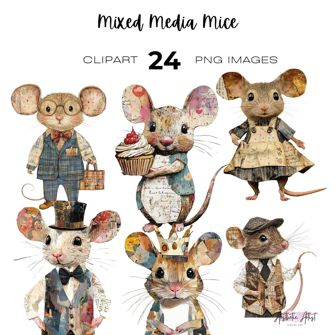 Watercolour Mixed Media Mice Clipart, Whimsical Junk Journal Mouse ...