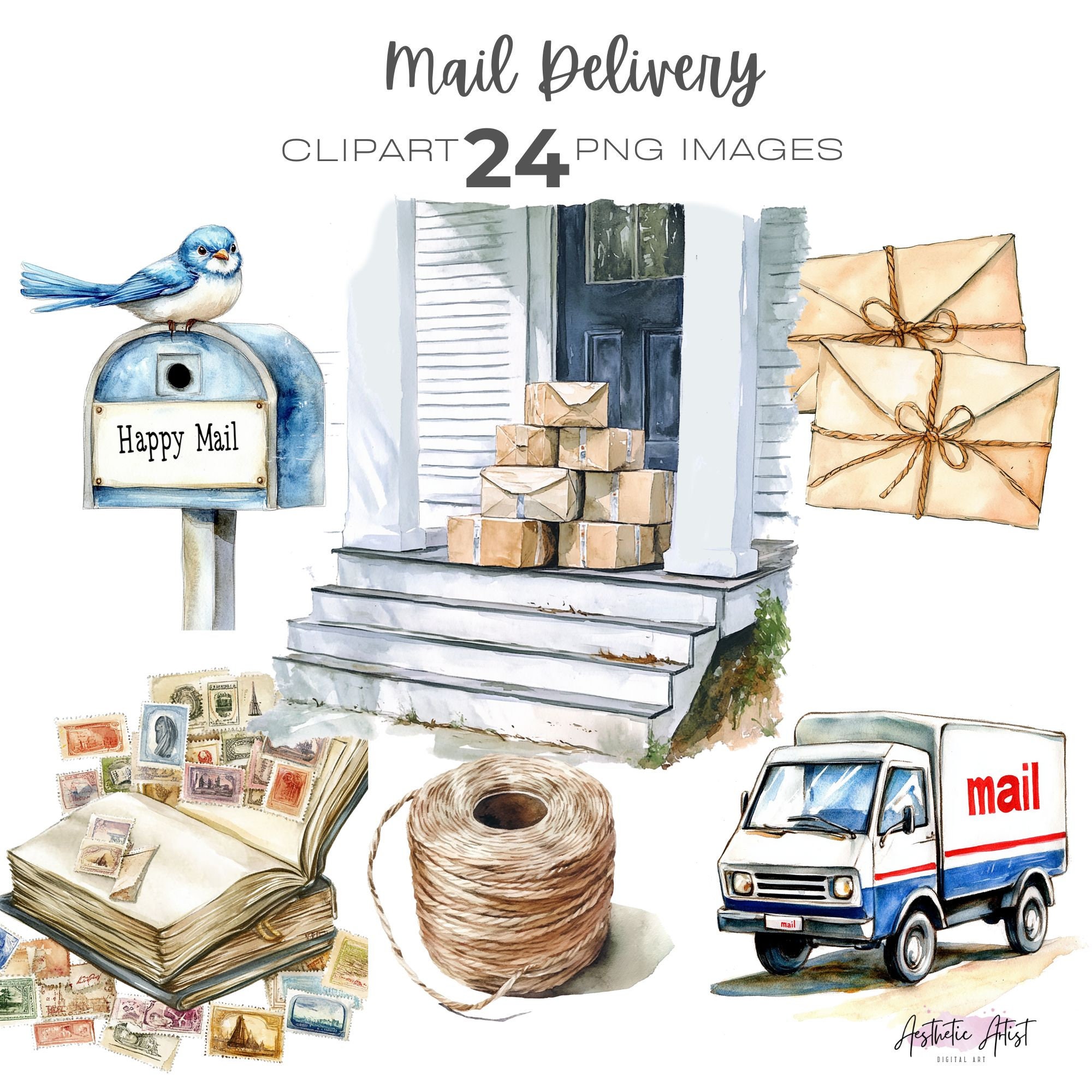 Watercolour Mail Delivery Clipart Bundle, Happy Mail, Package Parcel ...