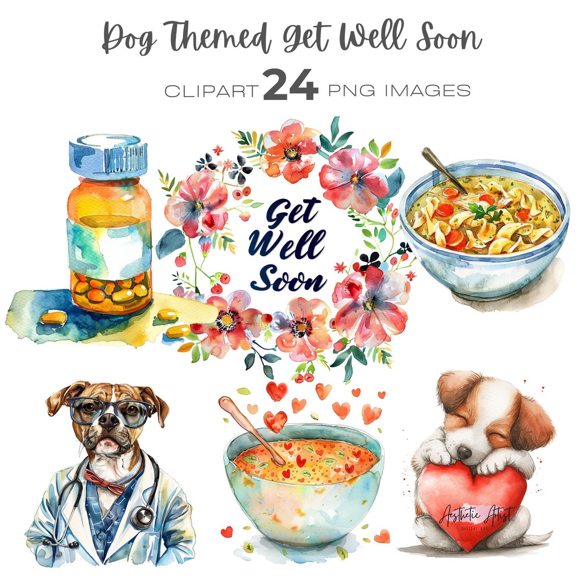 Watercolour Dog Themed Get Well Soon Clipart, Graphics for Dog Lovers ...