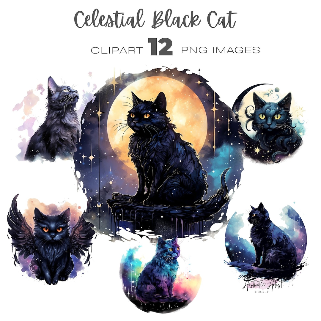 Celestial Black Cat Clipart, Kitty Png, Magic Clip Art, Mystical ...