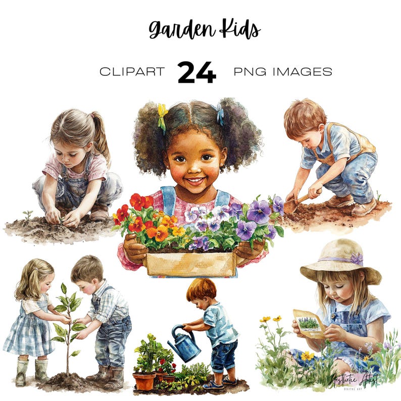 Watercolour Garden Kids Clipart Bundle, Cute Kids, Arbor Day Clipart ...