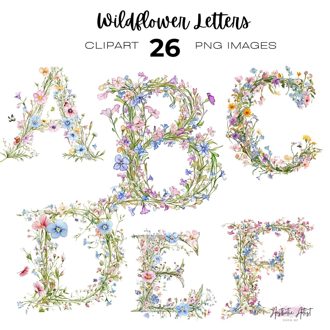 Wildflower Letters Clipart, Watercolor Flower Alphabet, Flower Letters ...