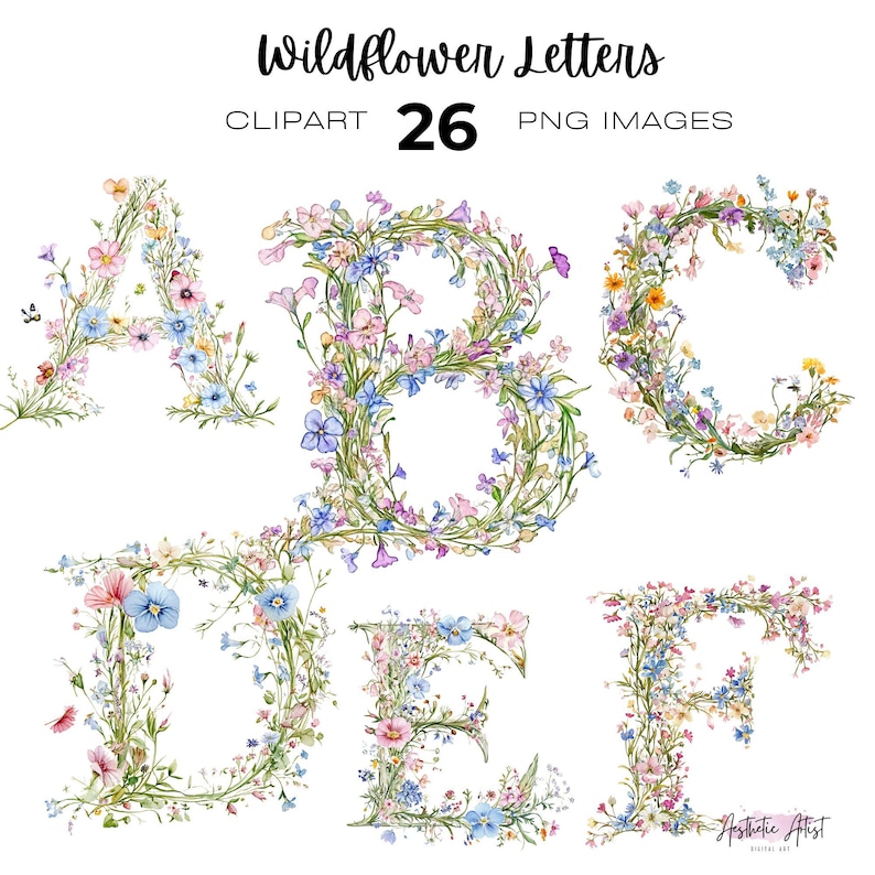 Wildflower Letters Clipart, Watercolor Flower Alphabet, Flower Letters ...