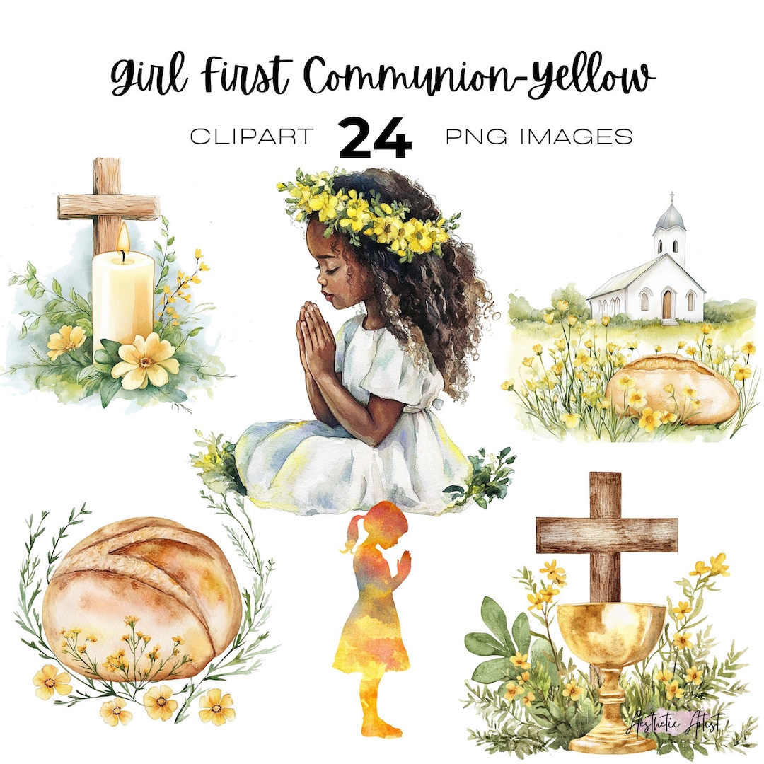 Watercolour Girl First Communion Clipart, Religious, Yellow Floral Png ...