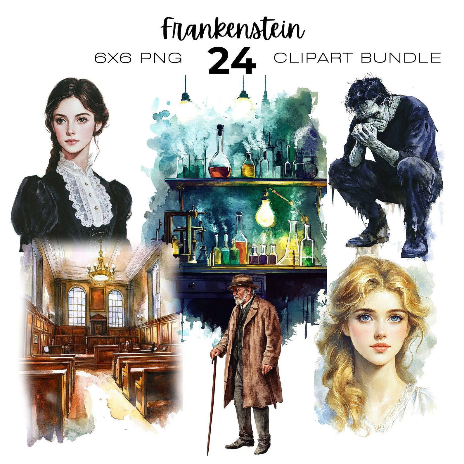Watercolour Frankenstein Clipart, Mary Shelley, Gothic Book, Literary ...