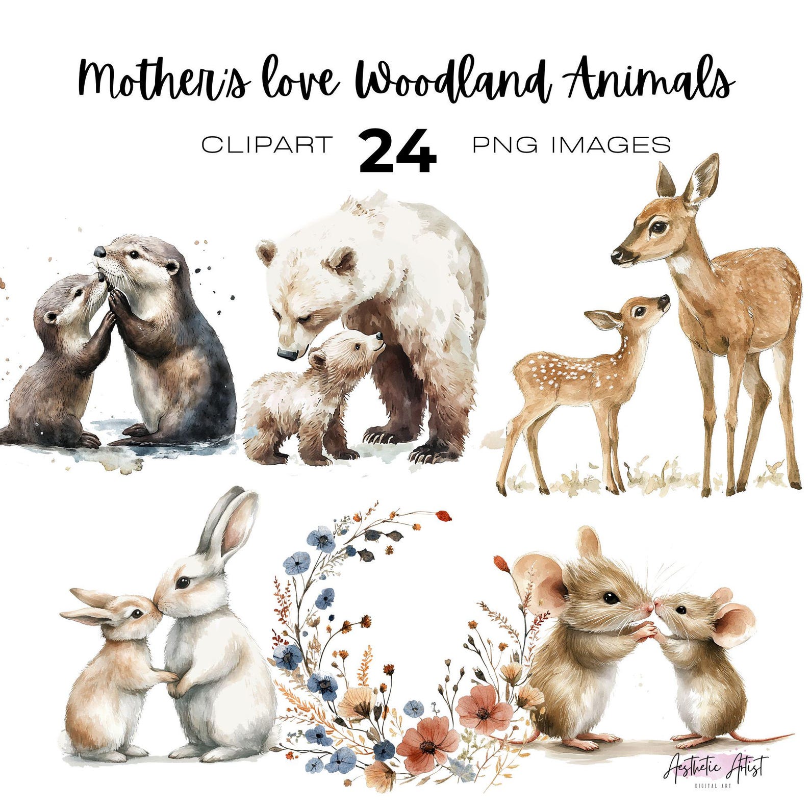 Mother's Love Woodland Animal Clipart, Mother's Day Clip Art, Forest ...