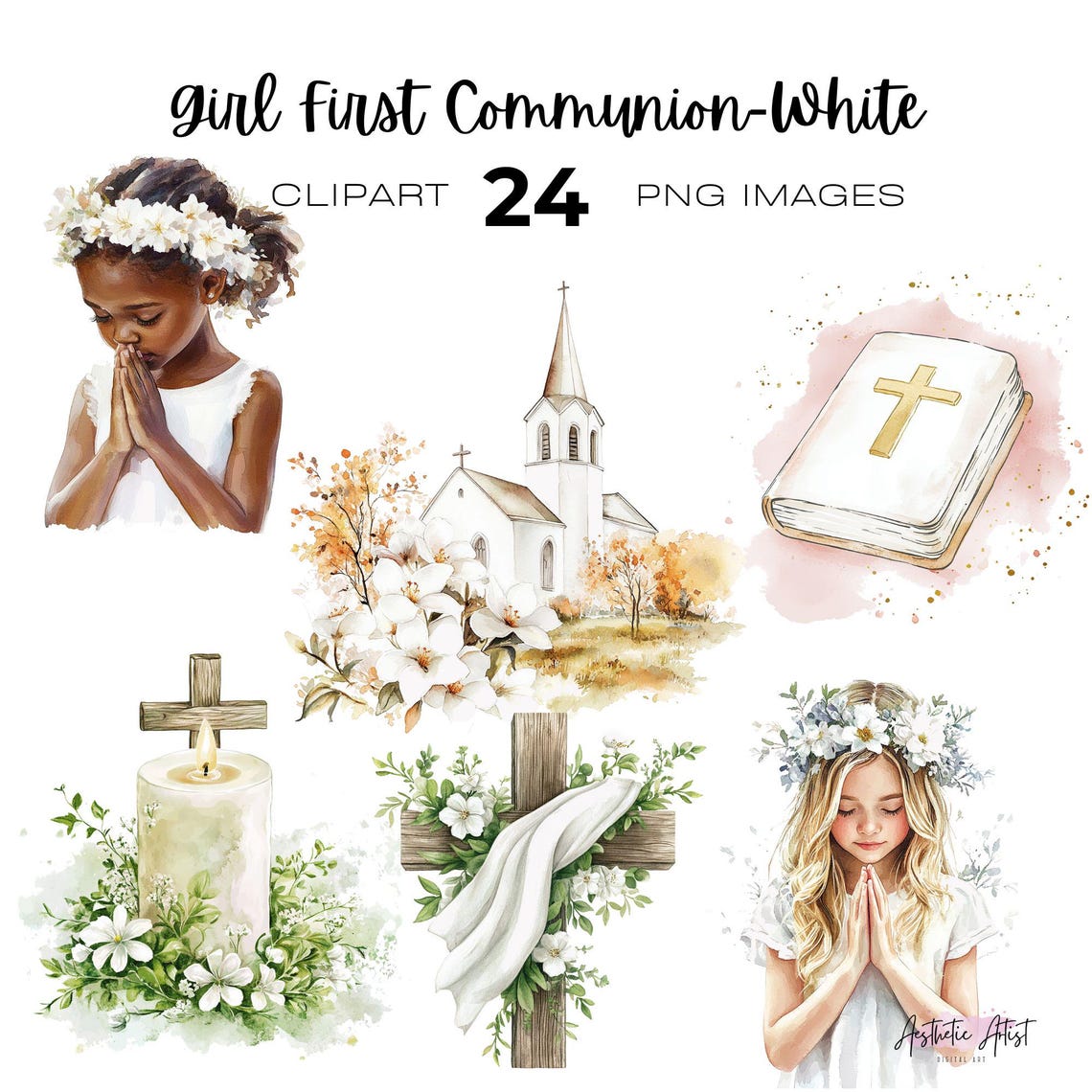 Watercolour Girl First Communion Clipart, Religious, White Floral Png ...