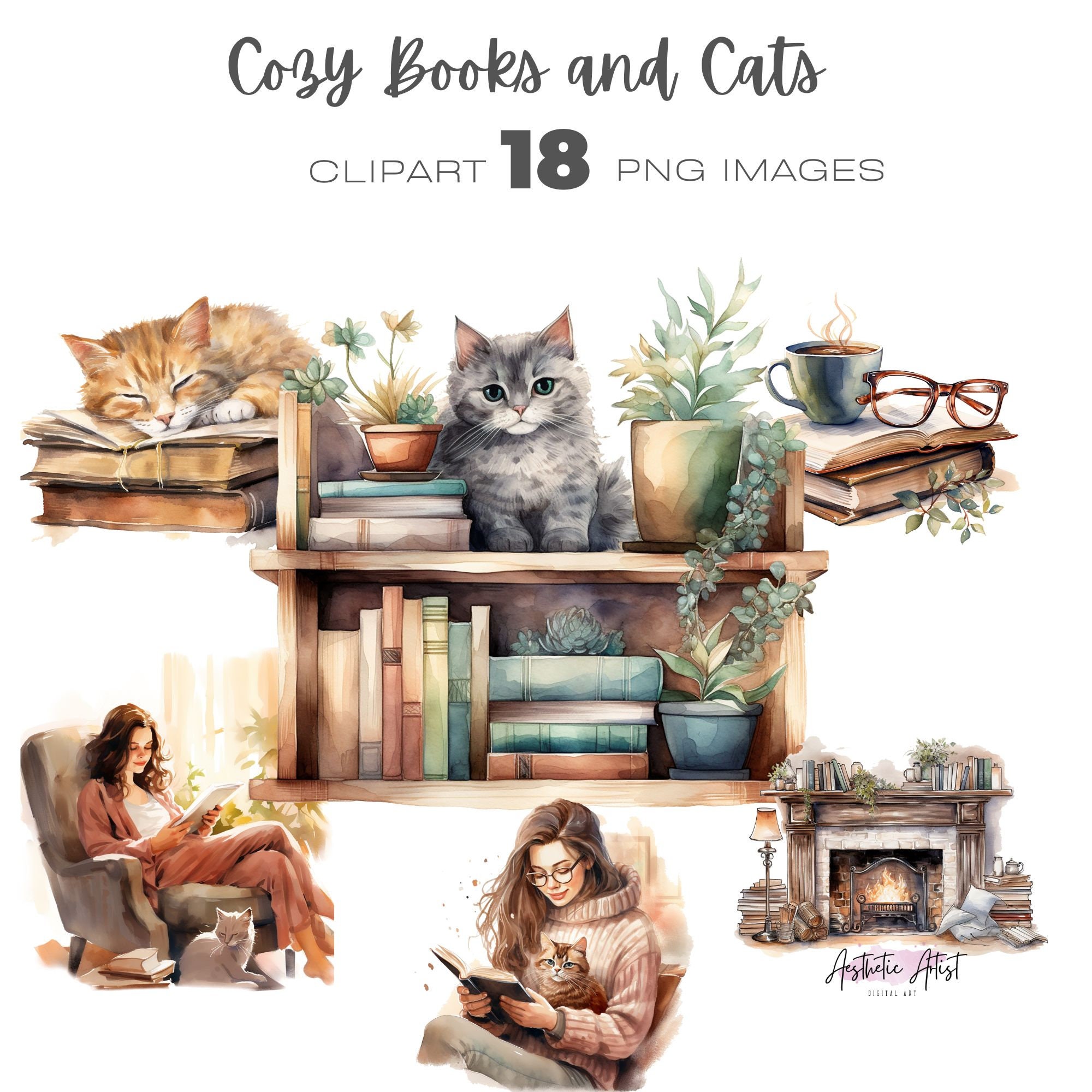 Watercolour Cozy Cats With Books Clipart, Graphics for Cat Lovers Gift ...