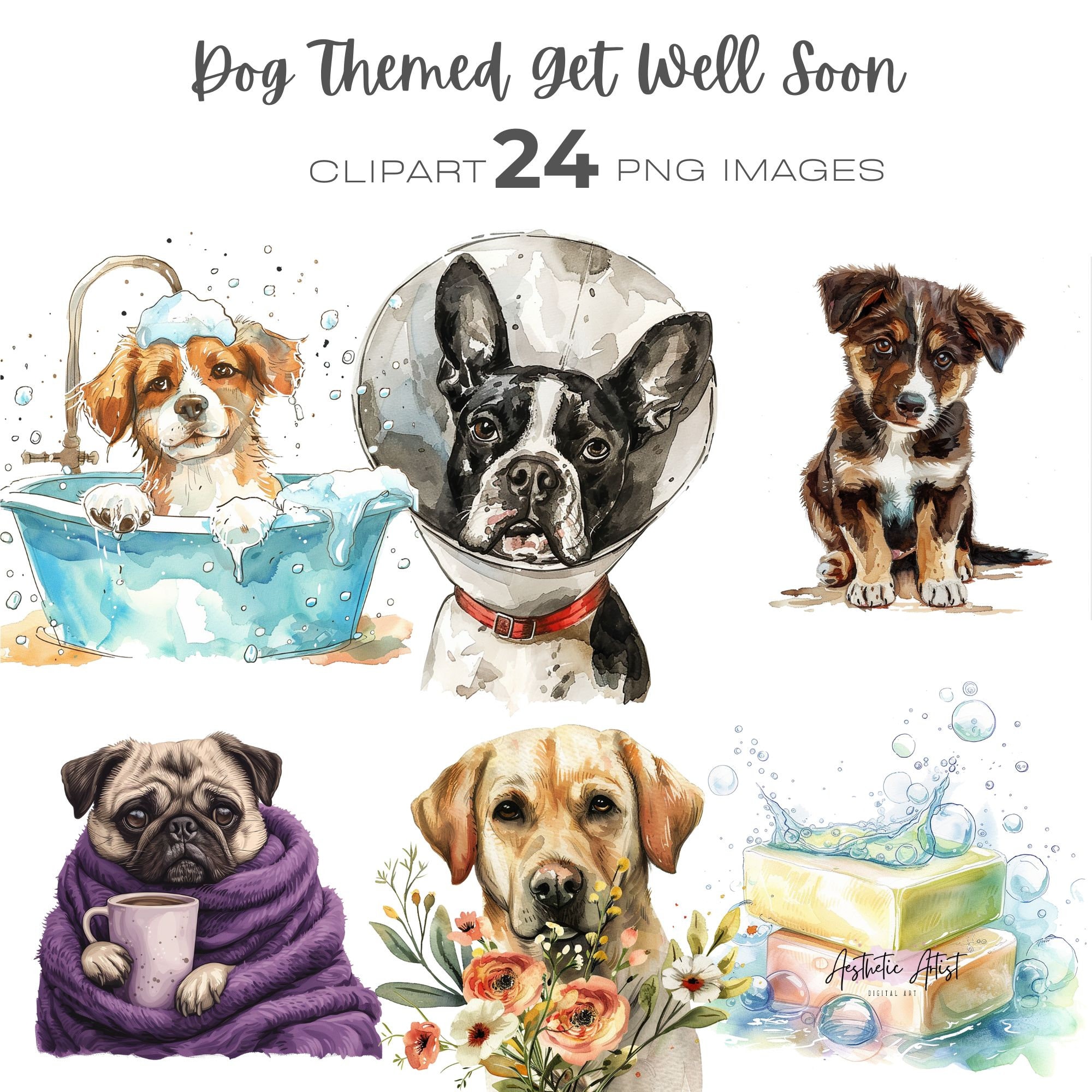 Watercolour Dog Themed Get Well Soon Clipart, Graphics for Dog Lovers ...
