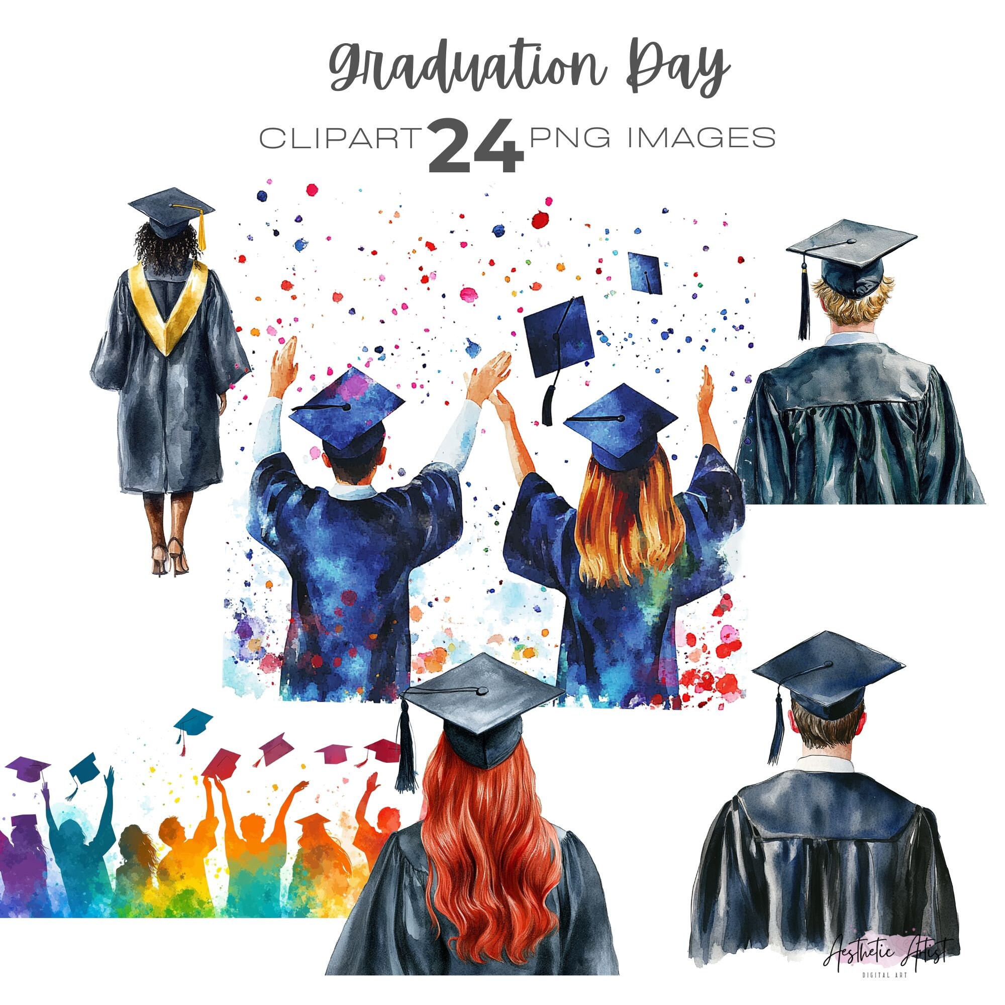 Watercolour Graduation Day Clipart Bundle, High School, Graduate ...