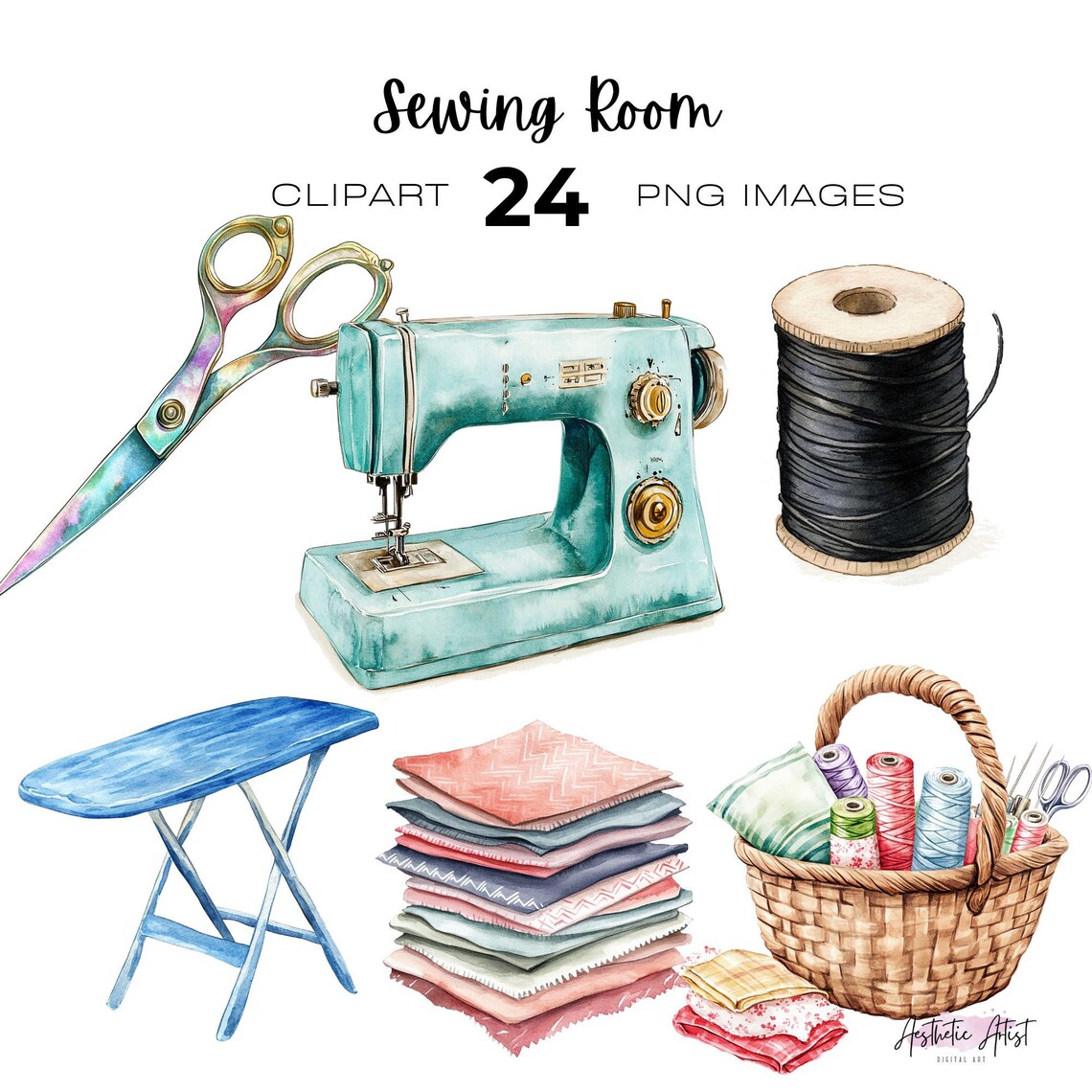 Watercolour Sewing Room Clipart, Graphics for Sewers, Sewing Machine ...