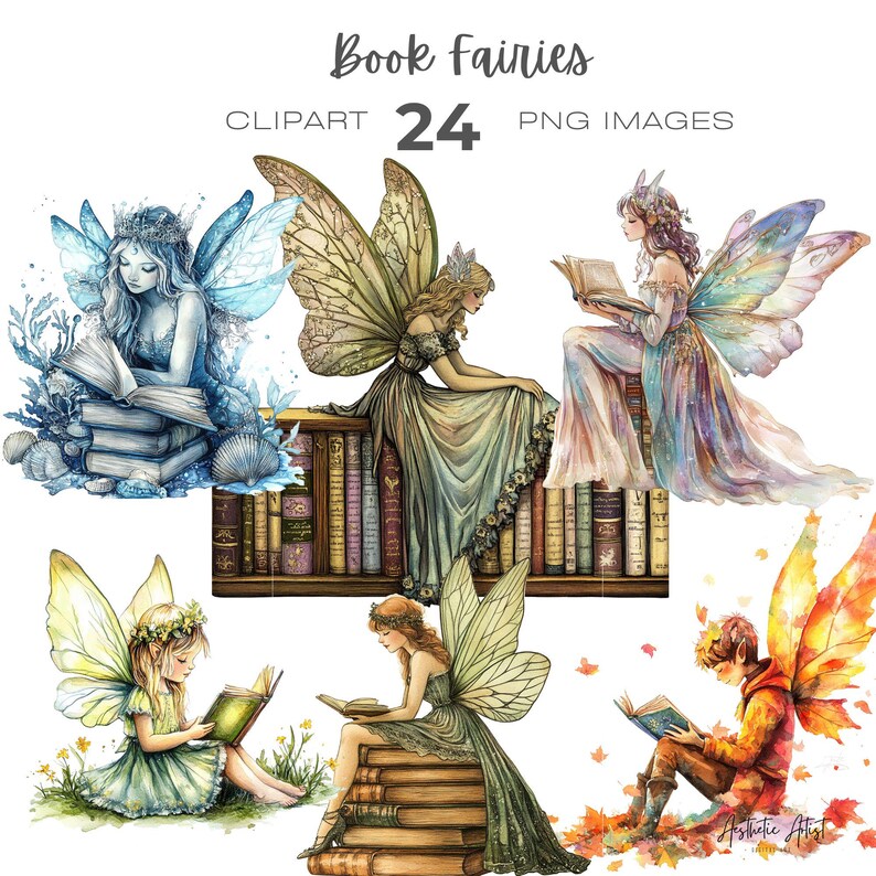 Watercolour Book Fairies Clipart Bundle, Library, Book Stack Floral ...