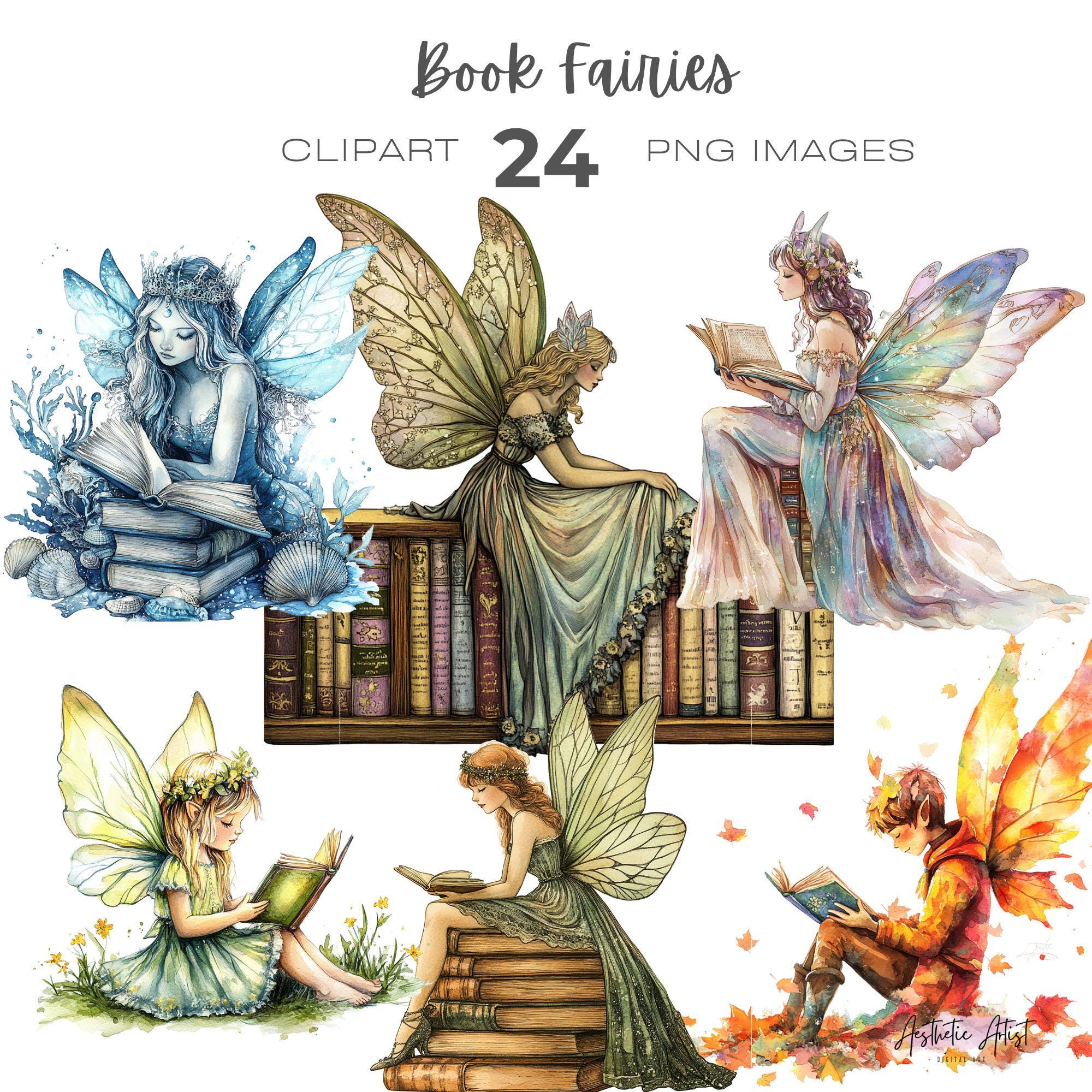 Watercolour Book Fairies Clipart Bundle, Library, Book Stack Floral ...