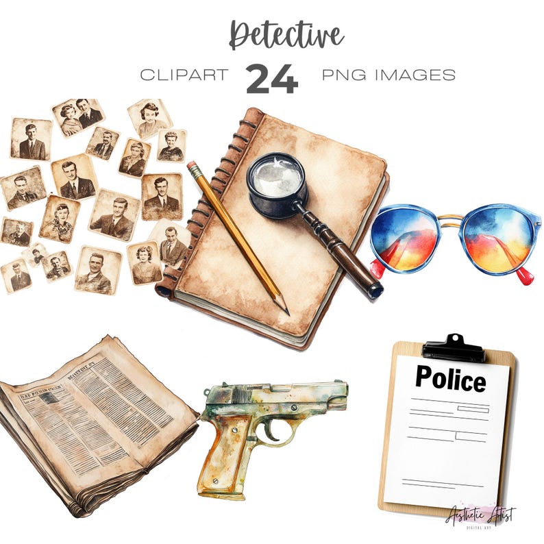 Watercolour Detective Clipart, Mystery Graphics, 1940s Film Noir Png ...
