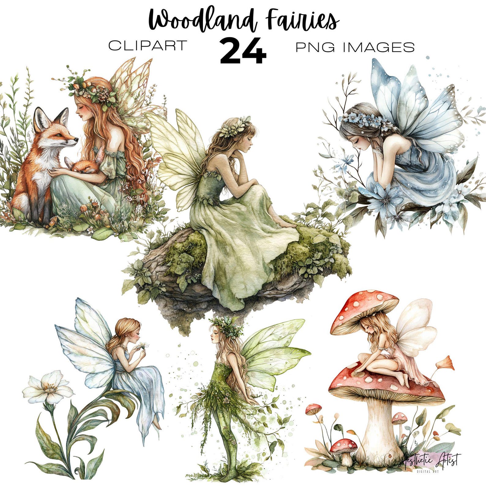 Watercolour Woodland Fairies Clipart Bundle, Art Nouveau, Forest Fairy ...
