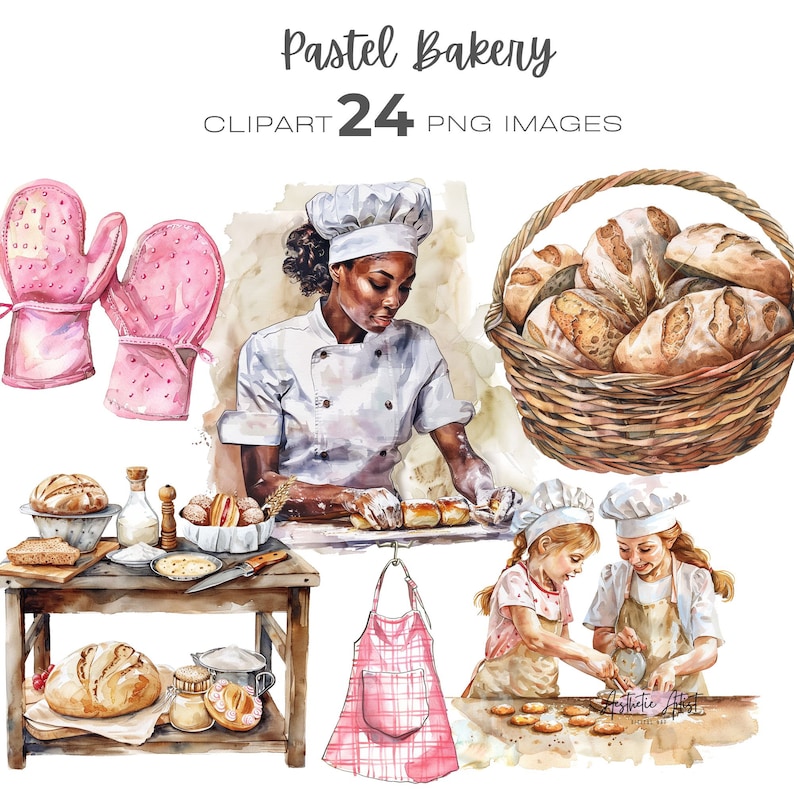 Watercolour Pastel Bakery Clipart, Breadmaker Graphics, Pink Bakery Png ...