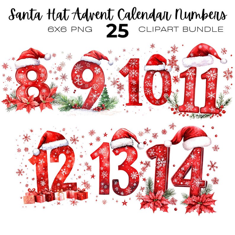 Watercolour Santa Hat Advent Calendar Numbers Bundle, Christmas ...